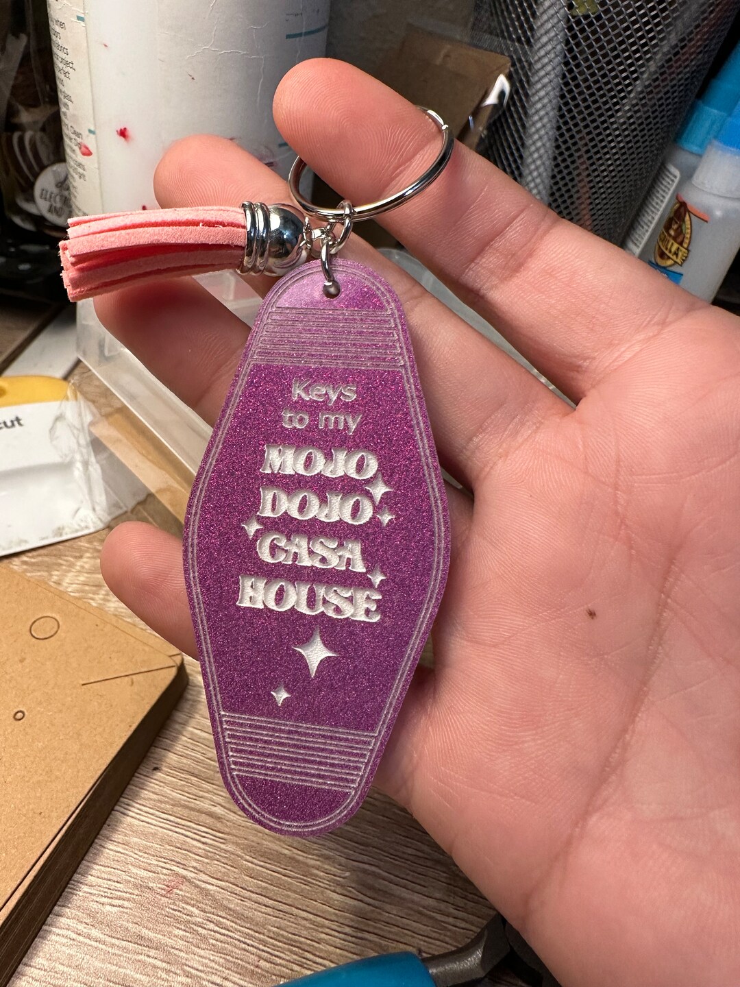 Pink Glitter Retro Acrylic Keychain Mojo Dojo Casa House Keychain - Etsy