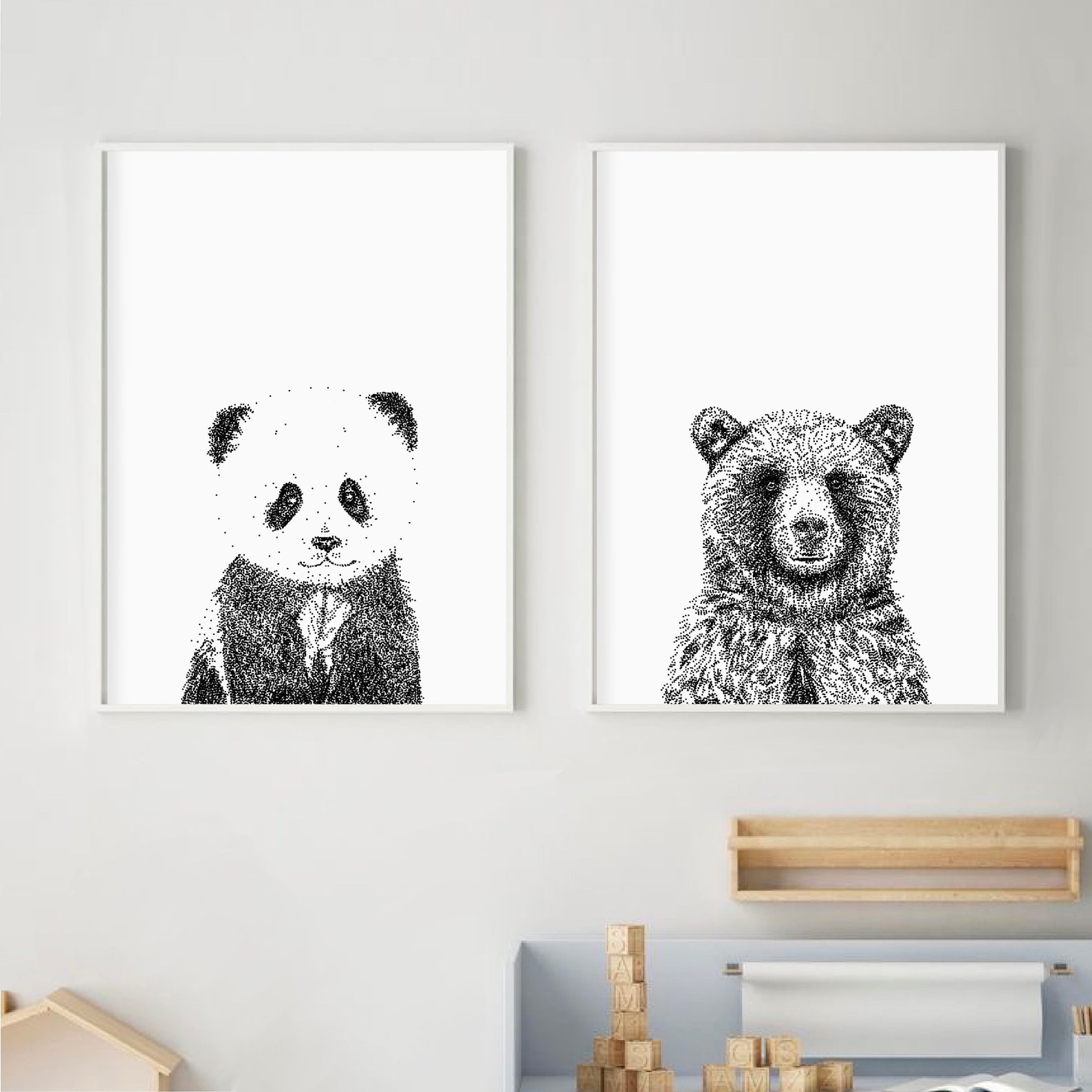 Panda Pointillism, Black and White Animal Print, Panda Abstract Digital ...