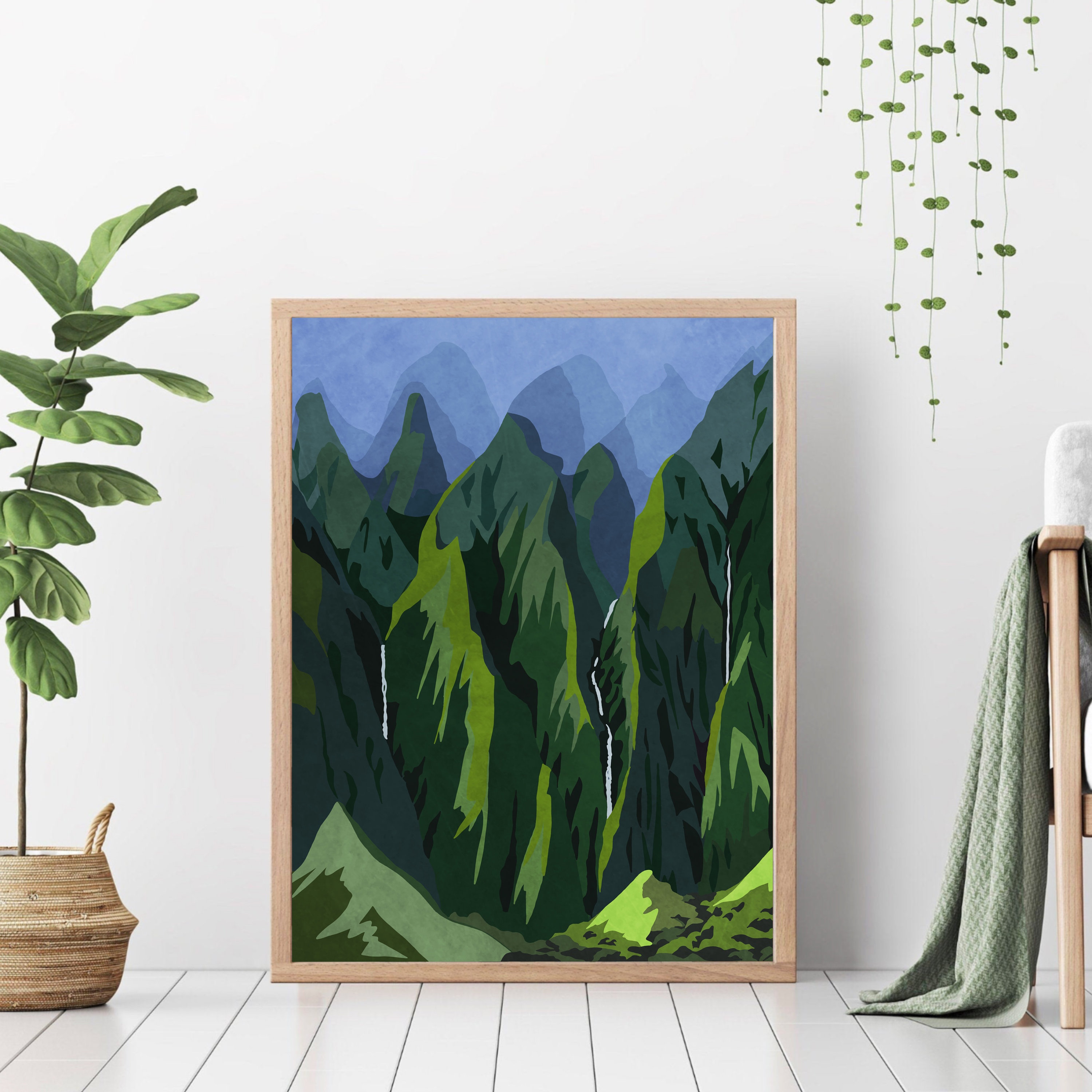 Hawaii Mountains Abstract Art, Textured Green and Blue Mountain ...