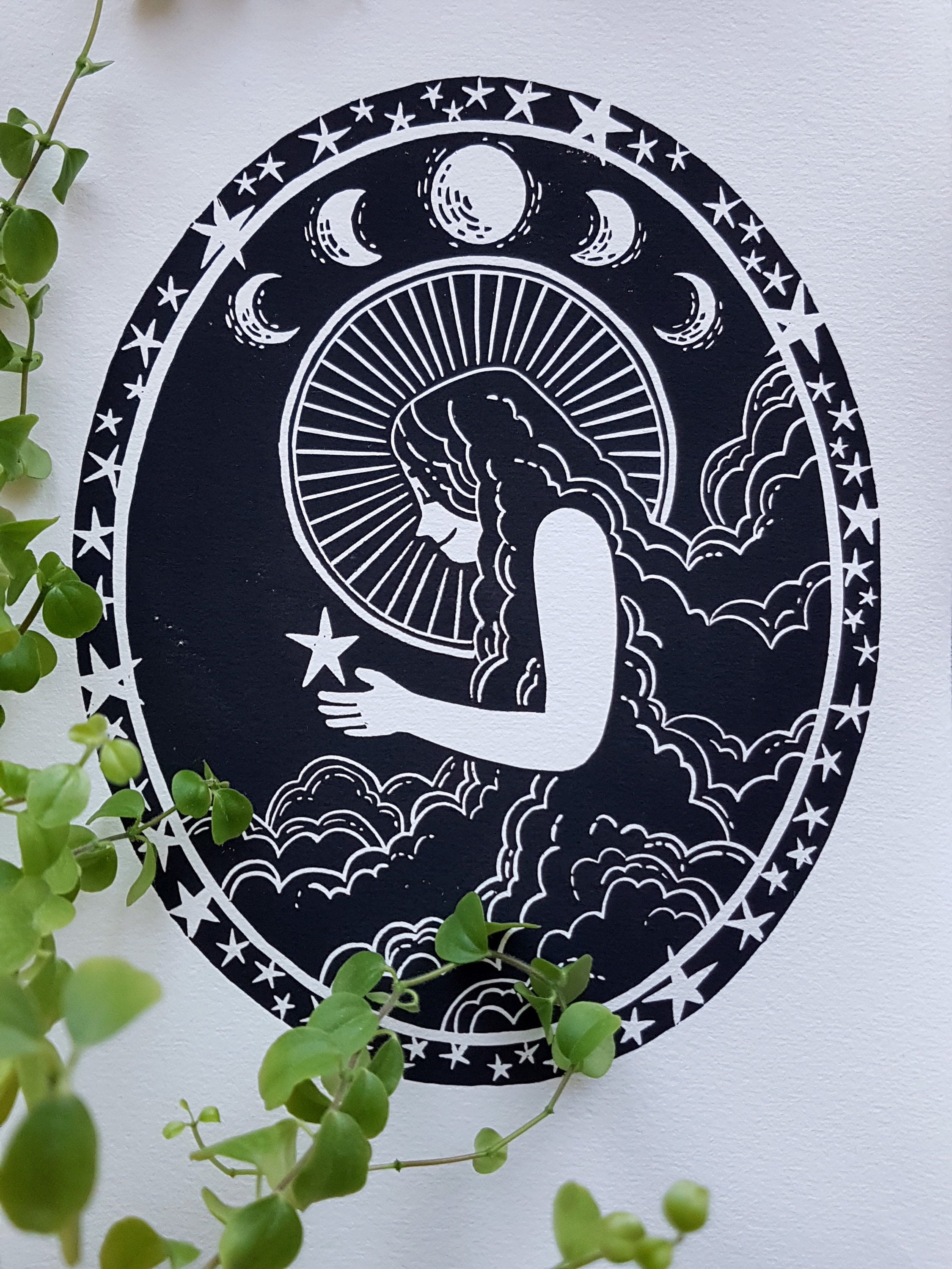 Star and Sky Linocut Print | Moon, Clouds and Stars | Open Edition Lino ...