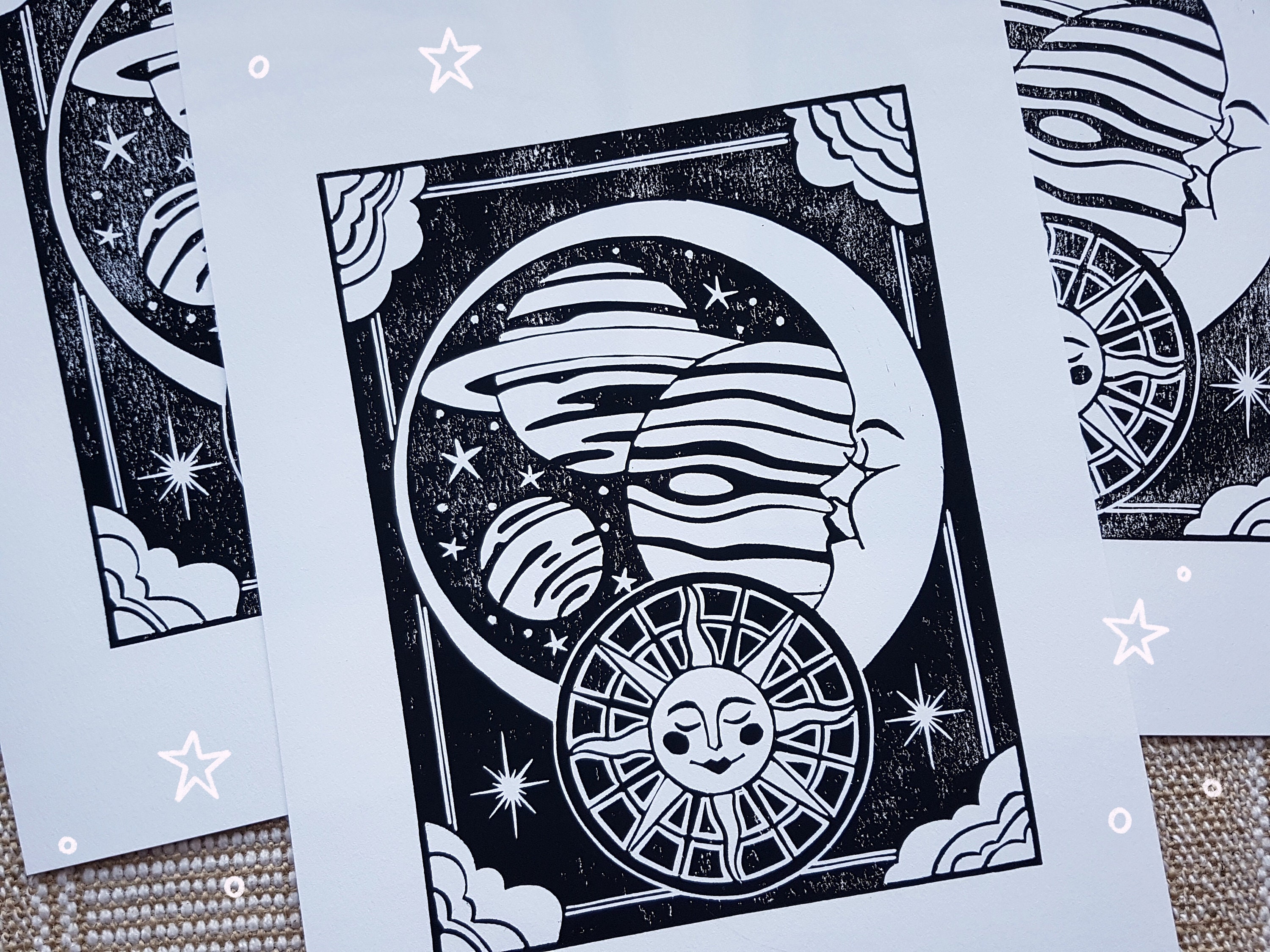 Celestial Linocut Print Sun Moon and Planets Open Edition - Etsy Singapore