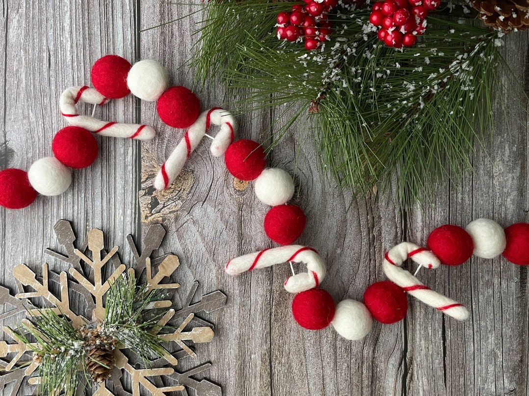 Christmas Felt Garland. Candy Cane Garland. Felt Pom Poms Garland.felt ...