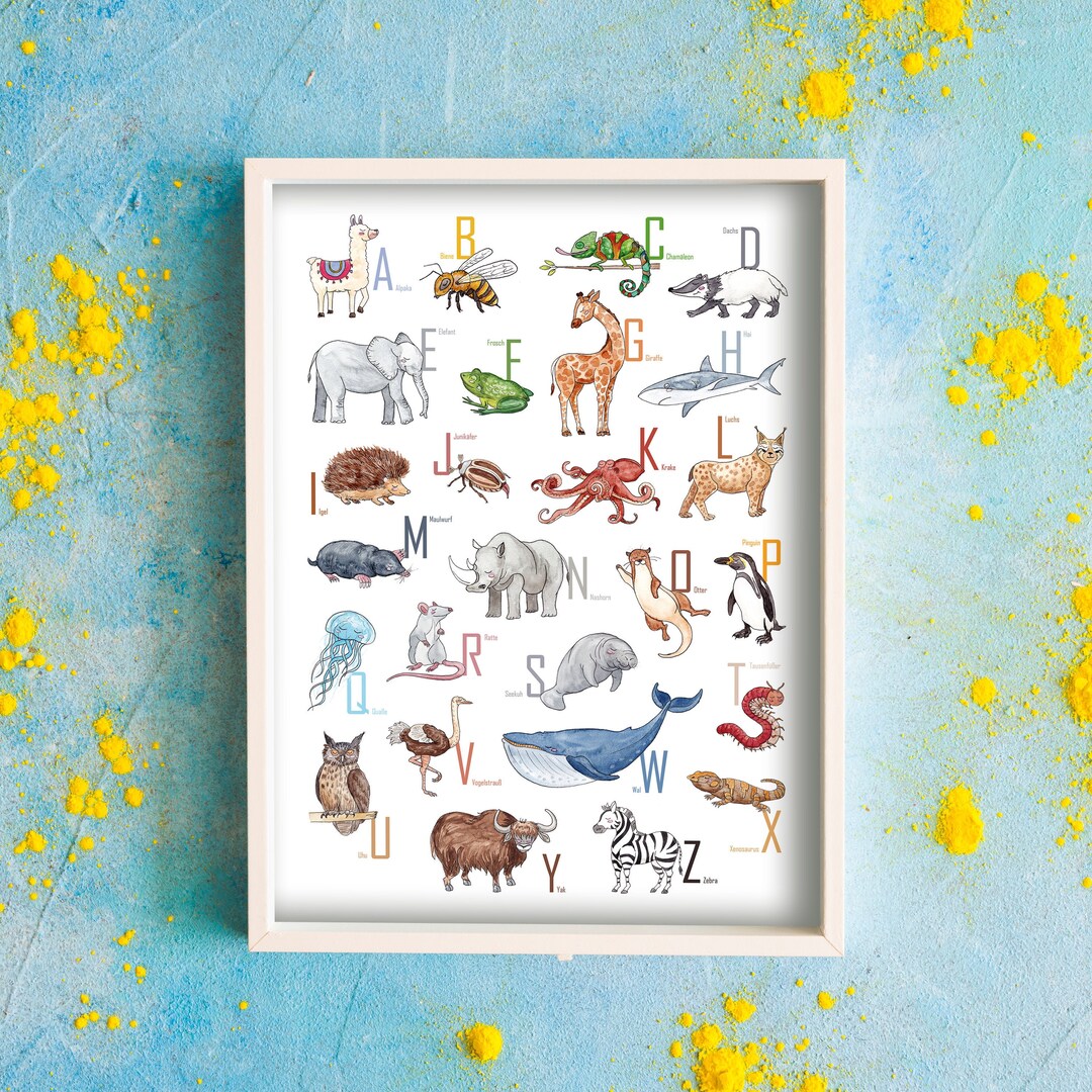 Animal Alphabet Poster Watercolor Illustrations Poster A2 / A3 Animal ...