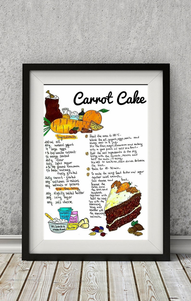 Carrot Cake Recipe Art Print. How to Make Carrot Cake Art Illustration ...