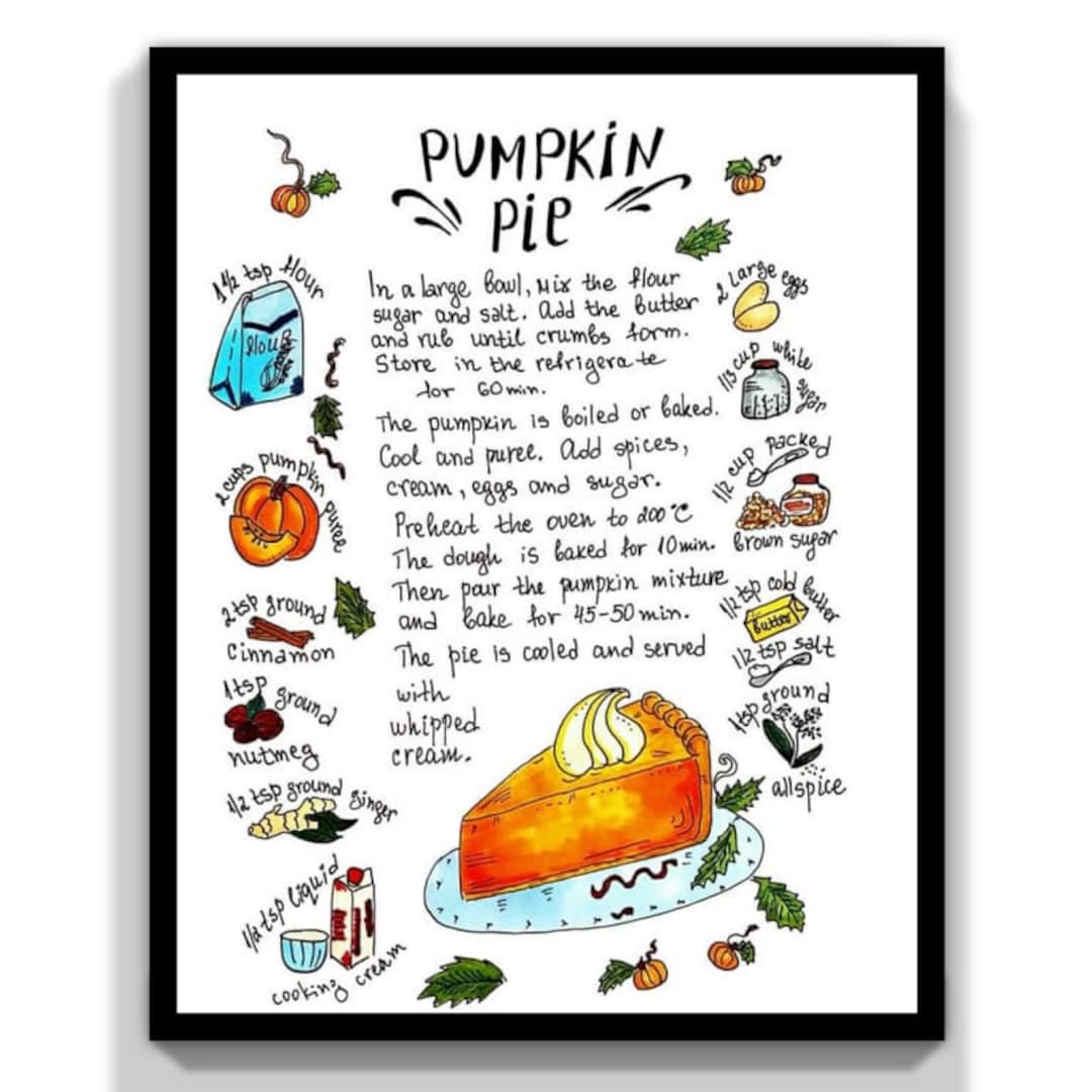Pumpkin Pie Recipe Print. Printable Art Pumpkin Pie. Watercolor Recipe ...