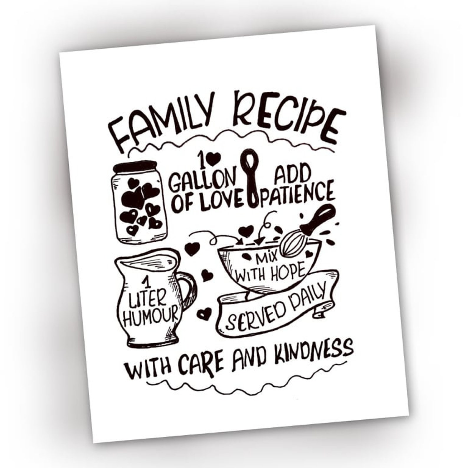 Family Recipe Black and White Art Print. Recipe for Happy Family Set of ...