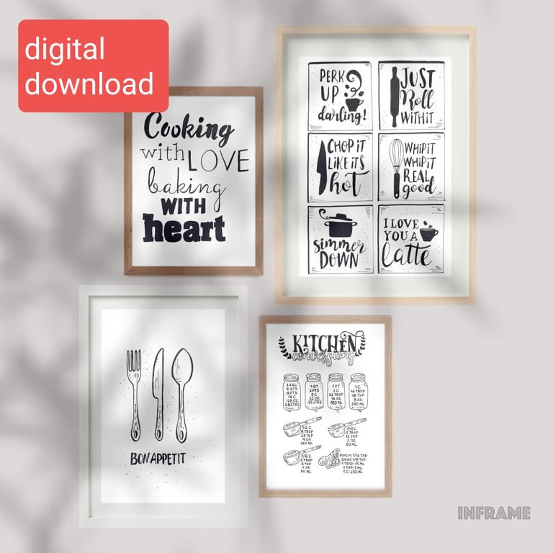Set of 4 Black and White Kitchen Conversion Wall Art Printable - Etsy