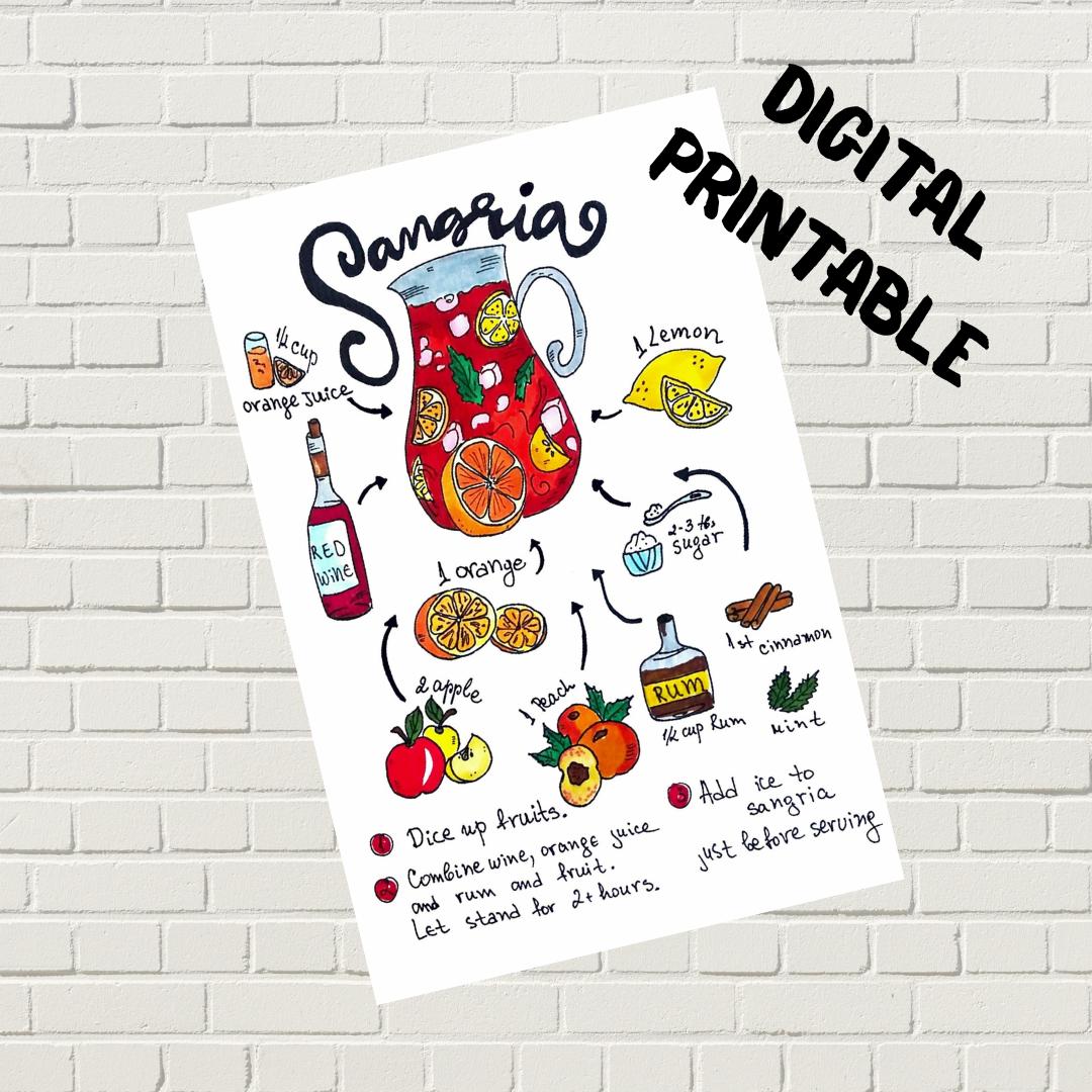 Sangria Recipe Print. Recipe Sangria Watercolor Art Print. Cocktail ...
