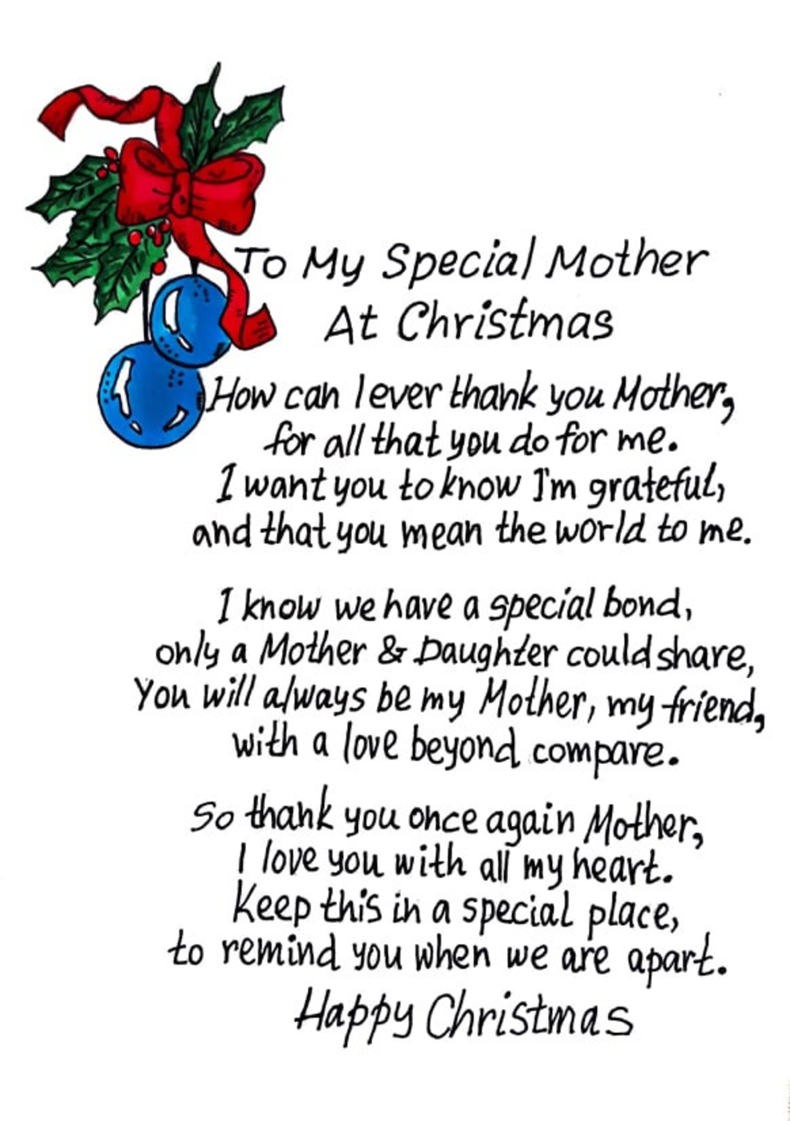 To My Special Mother at Christmas Card Print. Christmas Message Card ...