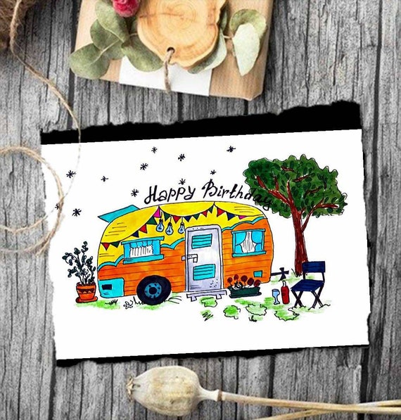 Happy Birthday Camper Card Print. Watercolor Birthday Card - Etsy