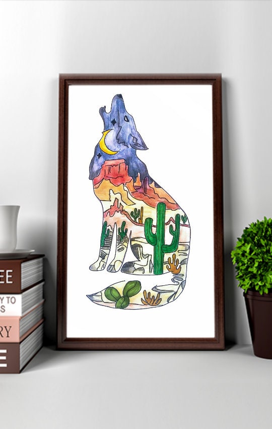 Coyote Desert Landscape and Axe Set Print. Coyote Wall Art. - Etsy