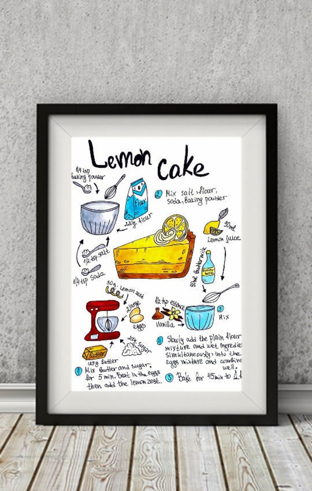 Lemon Cake Recipe Print. Recipe Illustration Lemon Cake. Watercolor ...