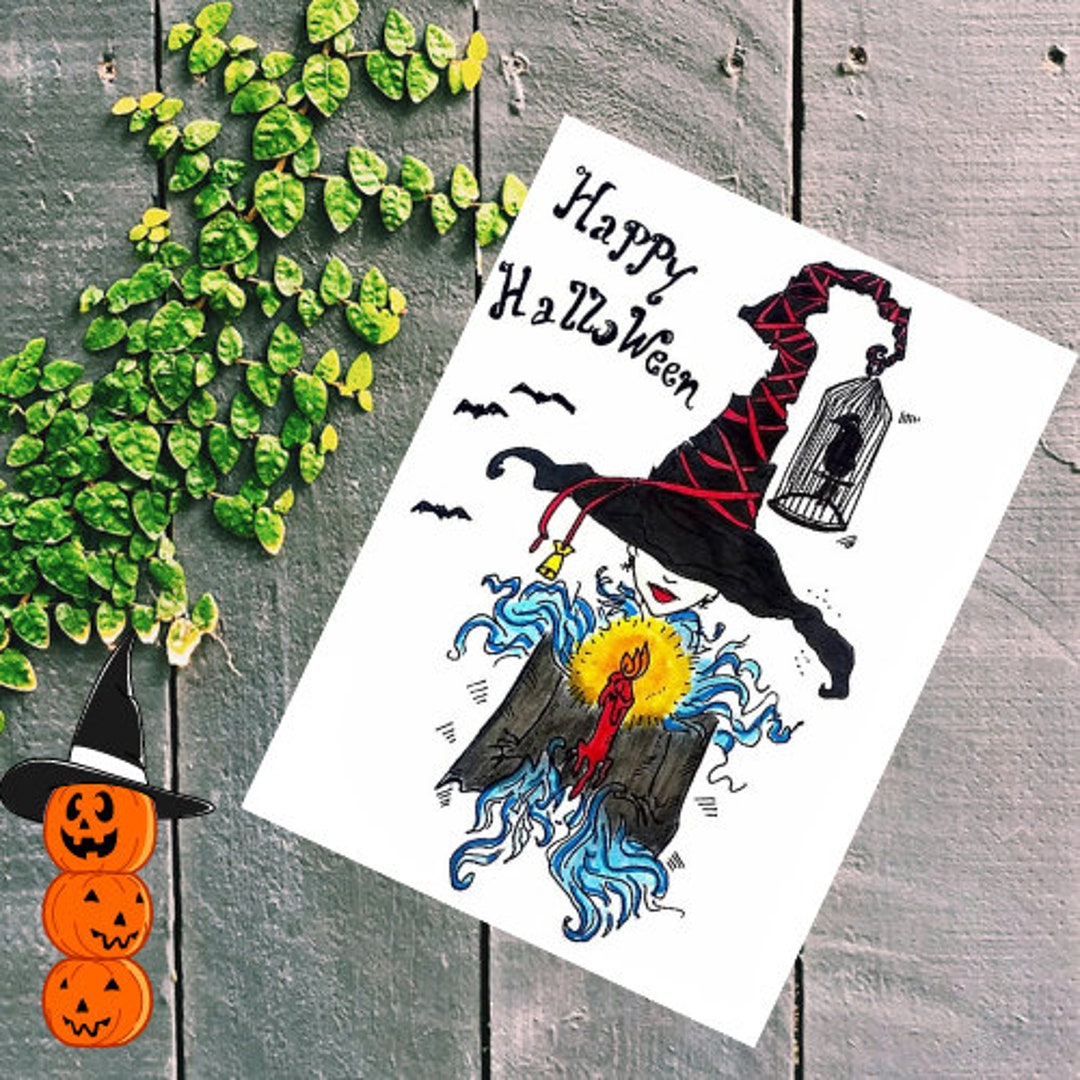 Happy Halloween Witch Card Printable. Pumpkin Watercolor Greeting Card ...