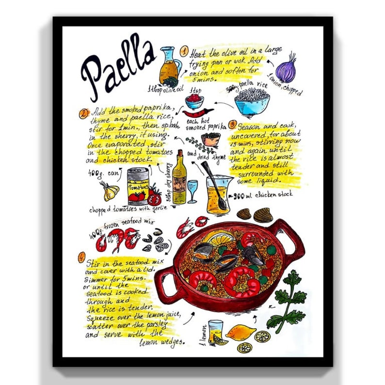 Paella Recipe Art Print. Paella Illustration Wall Art Decor. Kitchen ...