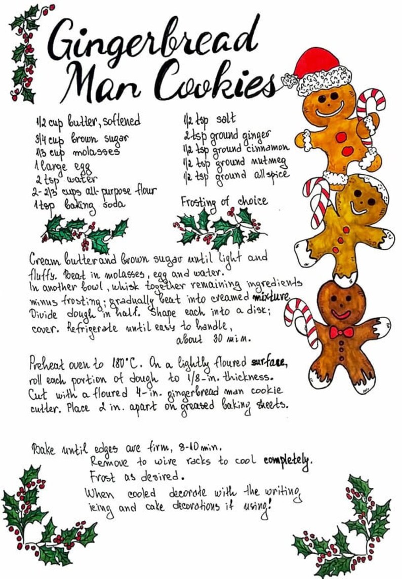 Gingerbread Men Cookies Recipe Art Print. Christmas Kitchen Wall Art ...