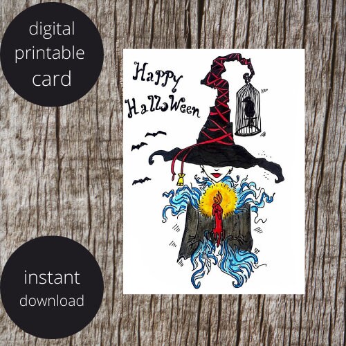 Happy Halloween Witch Card Printable. Pumpkin Watercolor Greeting Card ...