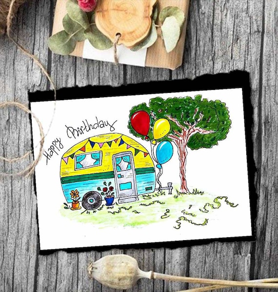 Happy Birthday Watercolor Camper Card Print Camping Life - Etsy