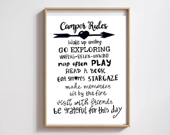 Camping Rules Printable, Camping Wall Art, Camping Sign, Camper Decor ...