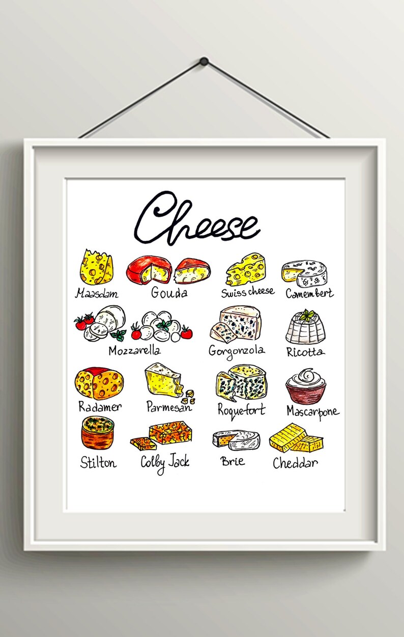 Types of Cheese Kitchen Wall Art Print. Cheese Illustration Print ...