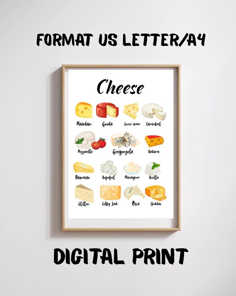 Types of Cheese Kitchen Wall Art Print. Cheese Illustration Print ...