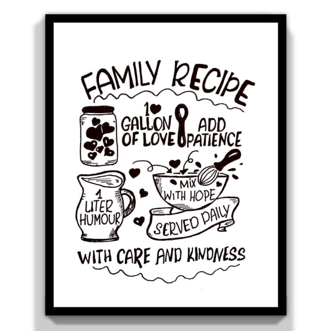 Family Recipe Black and White Art Print. Recipe for Happy Family Set of ...