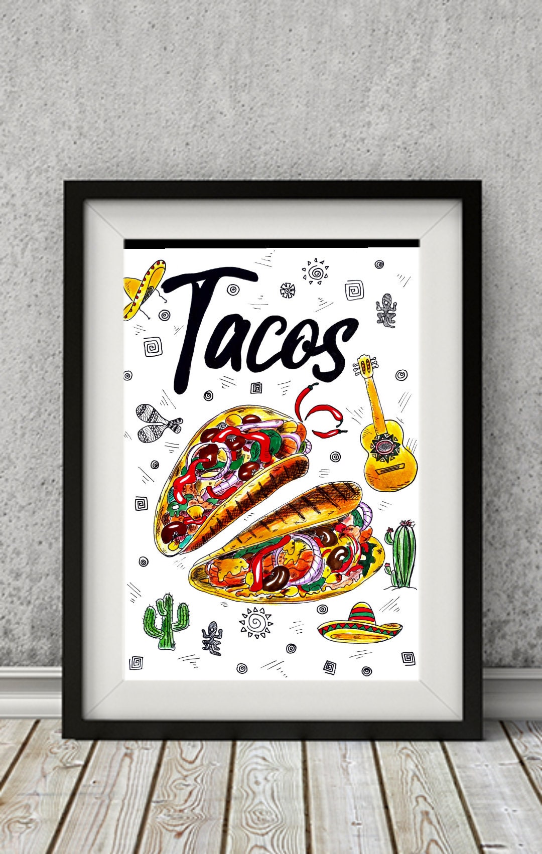 Tacos Illustration Art Print. Tacos Wall Art Decor. Tradition Mexican ...