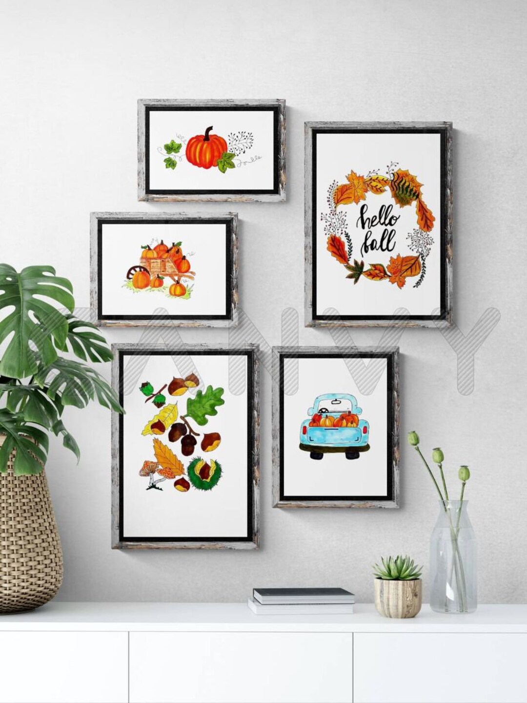 Hello Fall Wall Art Print Set. Autumn Wall Sign Decor. Fall Pumpkin ...