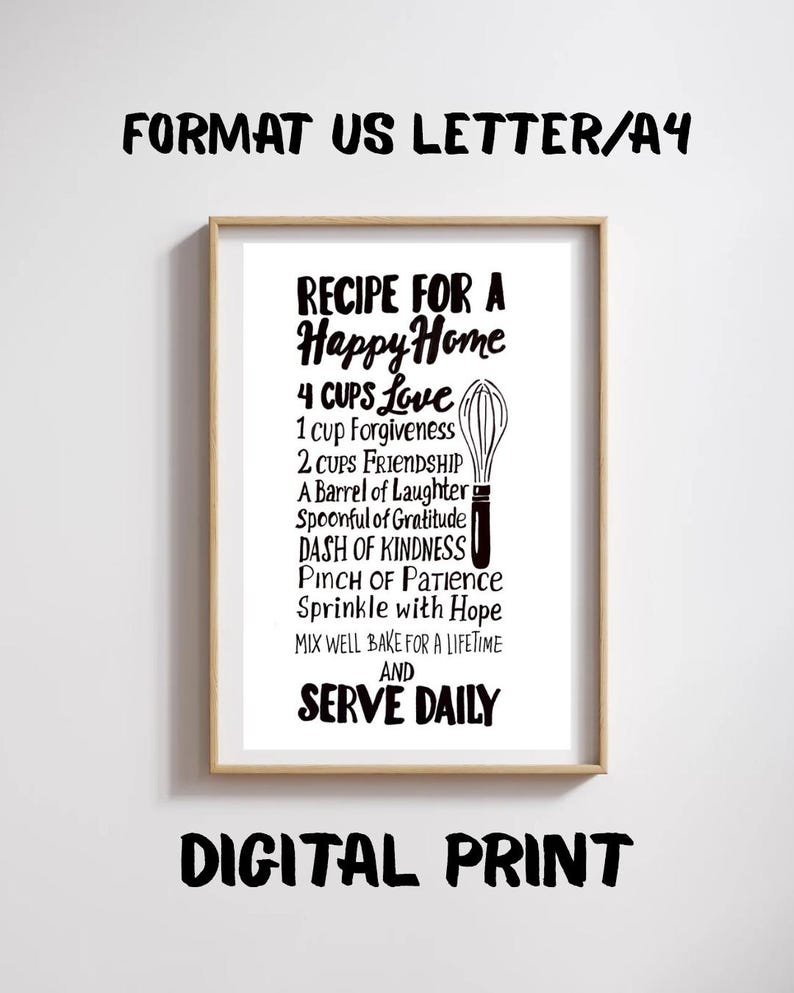 Recipe for a Happy Home Wall Art Print. Kitchen Sign Recipe for a Happy ...