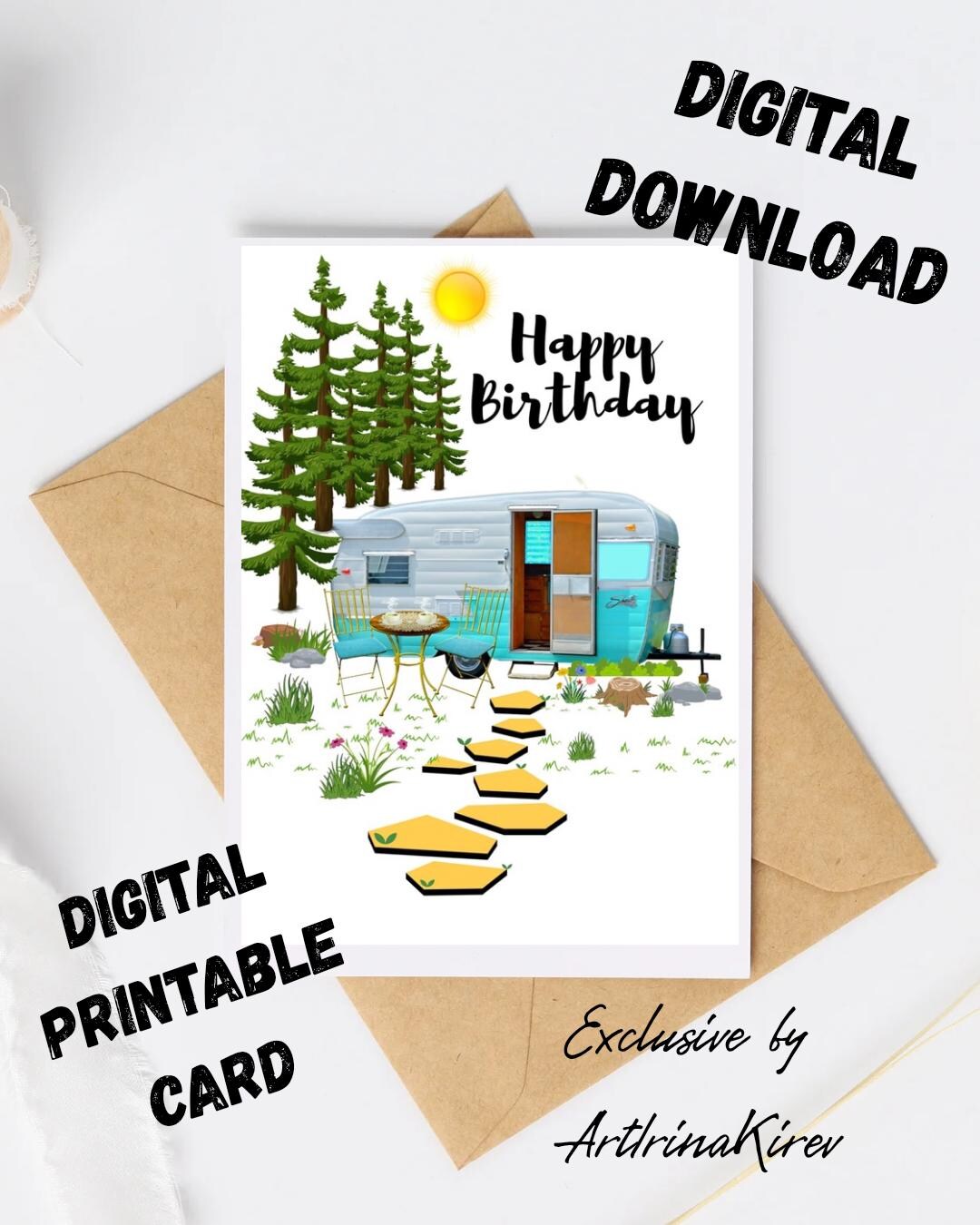 Printable Birthday Caravan Card. Camping Life Birthday Greeting Card ...