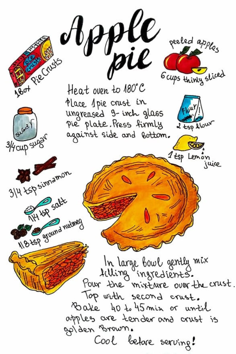 Recipe Print Apple Pie. Watercolor Illustration Apple Pie. How to Make ...