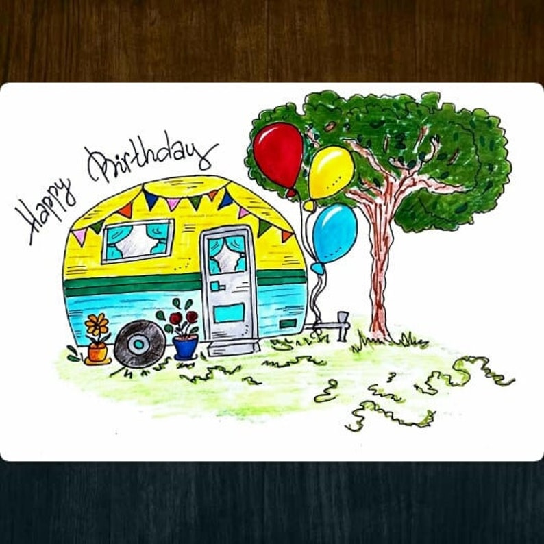 Happy Birthday Watercolor Camper Card Print Camping Life Etsy Uk