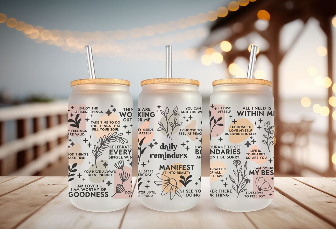 Daily Reminder Glass Can Jar With Bamboo Lid and Straw 16 Oz. Daily ...