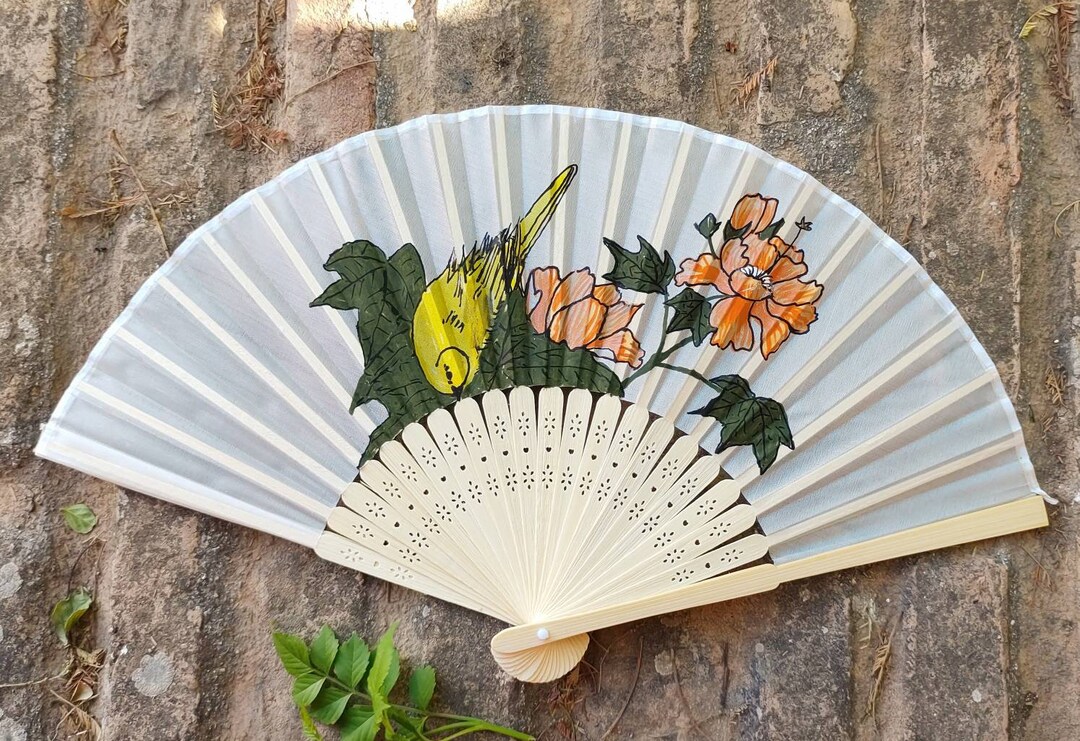 Handpainted Fan,bird Illustration Fan,bamboo Painted Fan,handpainted ...