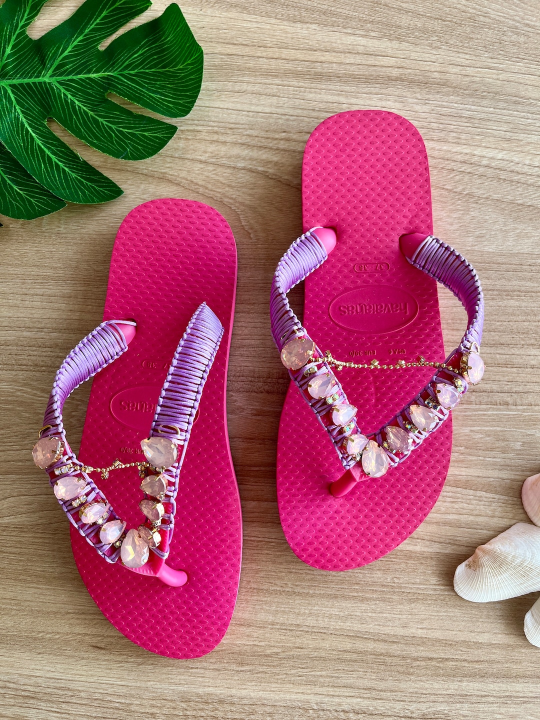Pink Havaianas Customized Rhine Stones and Macrame - Etsy