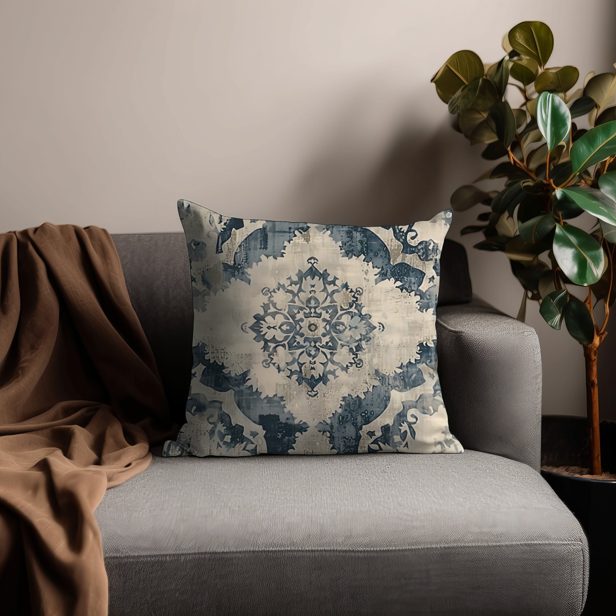 Bohemian Style Blue Beige Throw Pillow Covers, 100% Polyester Boho Home ...