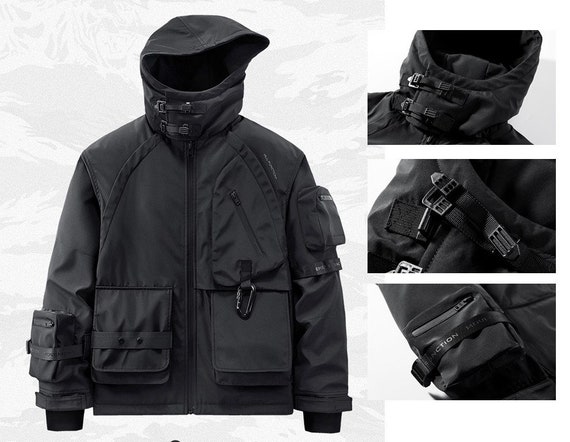 Black Deluxe Techwear Jacket With Hood Embroidery - Etsy