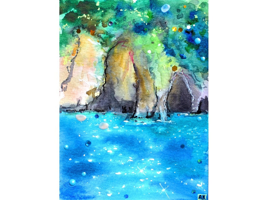 Sea Cave Sparkling Sea Water Original Painting Travel Art Sea Landscape ...