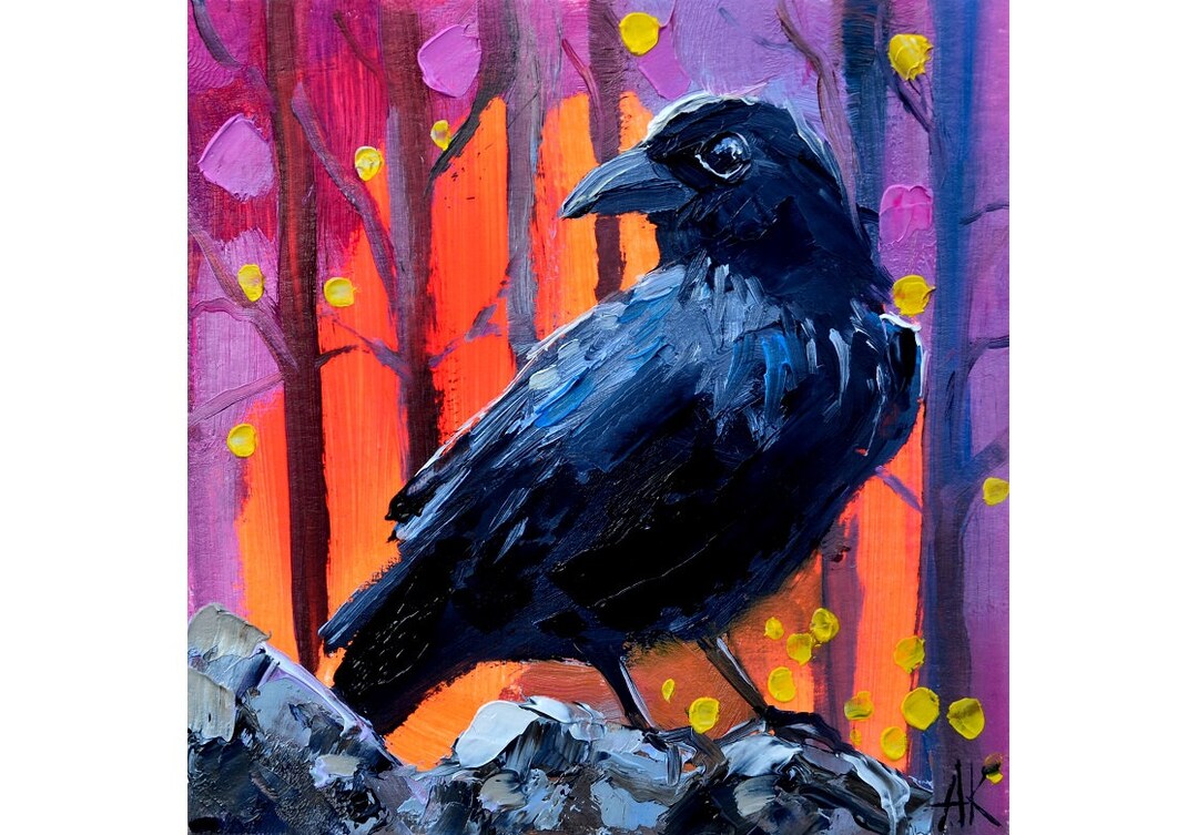 Crow Art Bright Colors Original Oil Painting Crow Decor Bird Art Crow ...