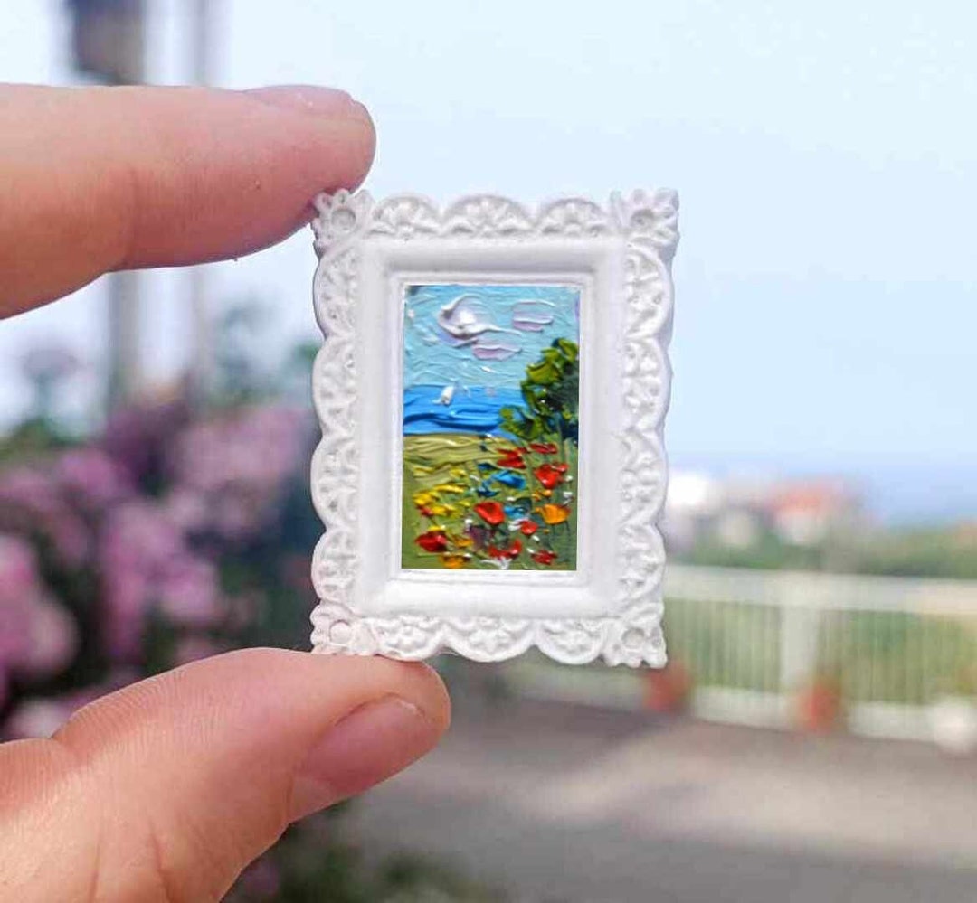 Landscape Miniature Painting, Landscape With Flowers and Sea Handmade ...