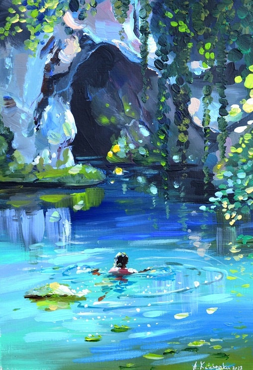 Girl Bathing in the Lake Cave in the Sea Art Water Bathe - Etsy