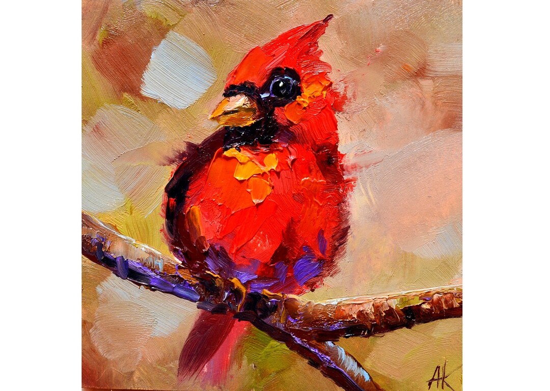 Red Cardinal Little Red Bird Original Art, Pasty Art Bird Decor Birds ...