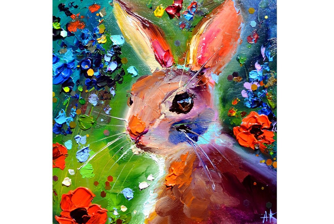 Wild Hare, Original Oil Hare Art, Hare With Flowers, Nature Decor Flora ...