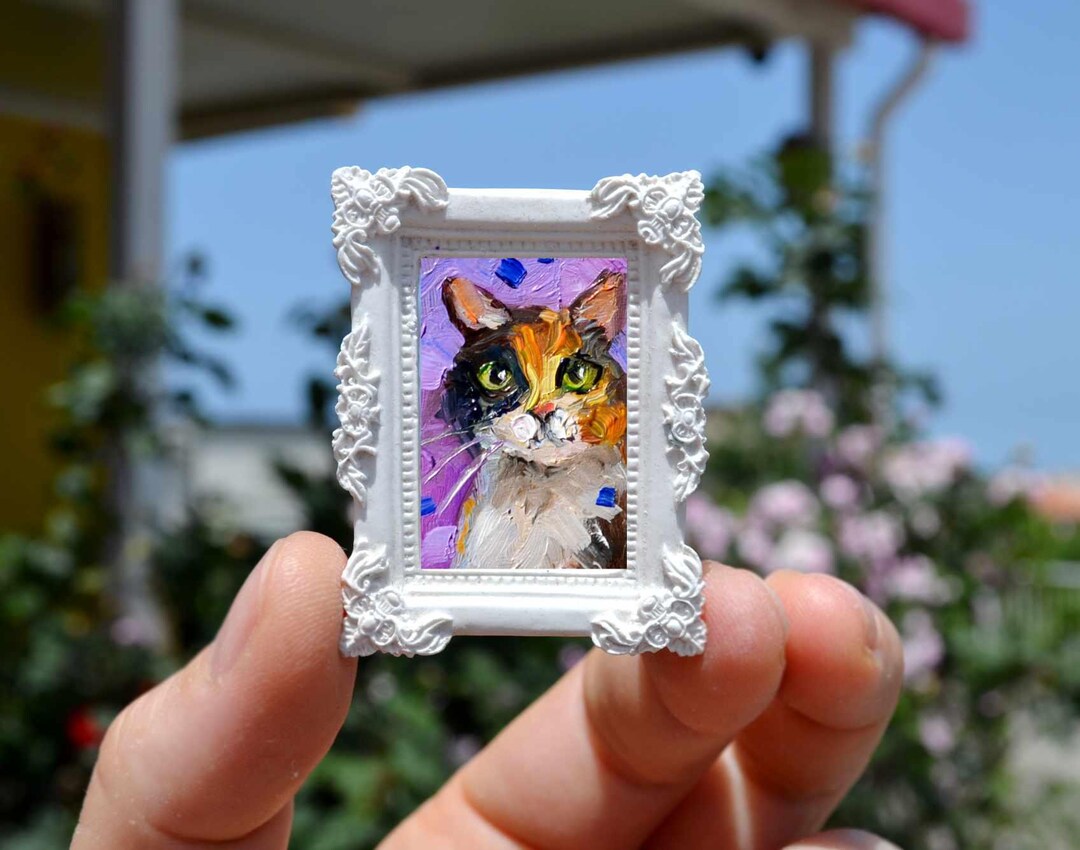 Tricolor Cat Original Oil Painting. Mini Cat Painting With White Frame ...