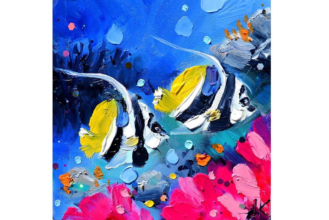 Angelfish Fish Art Maldives Beach Painted Seascape Coral Reef Boat on ...