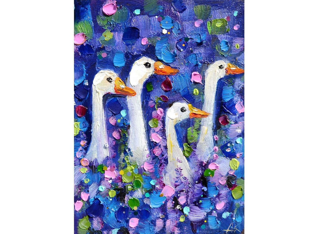 Geese Family, Goslings Art, White Geese in Lavender Field, Original Art ...