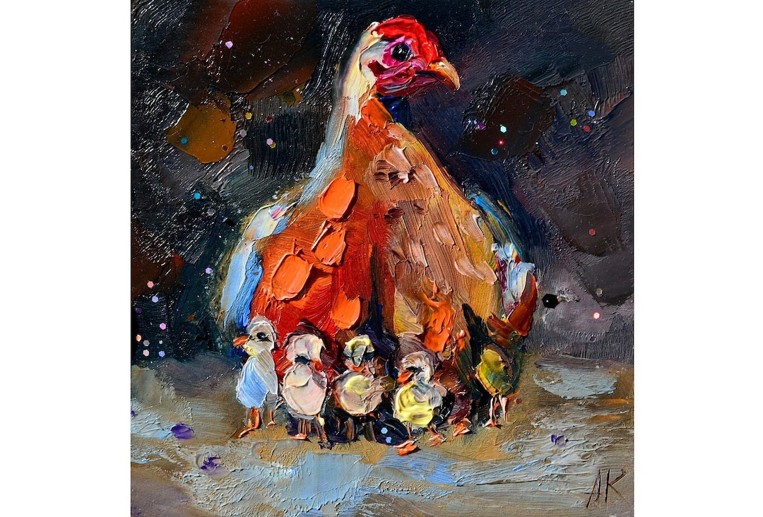 Hen With Chick Art, Hen on Egg, Laying Hen, Farm Animal Art Red Hen ...