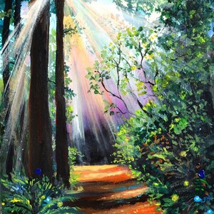 Forest, Sunbeams Through Trees, Beautiful Nature Original Painting of ...