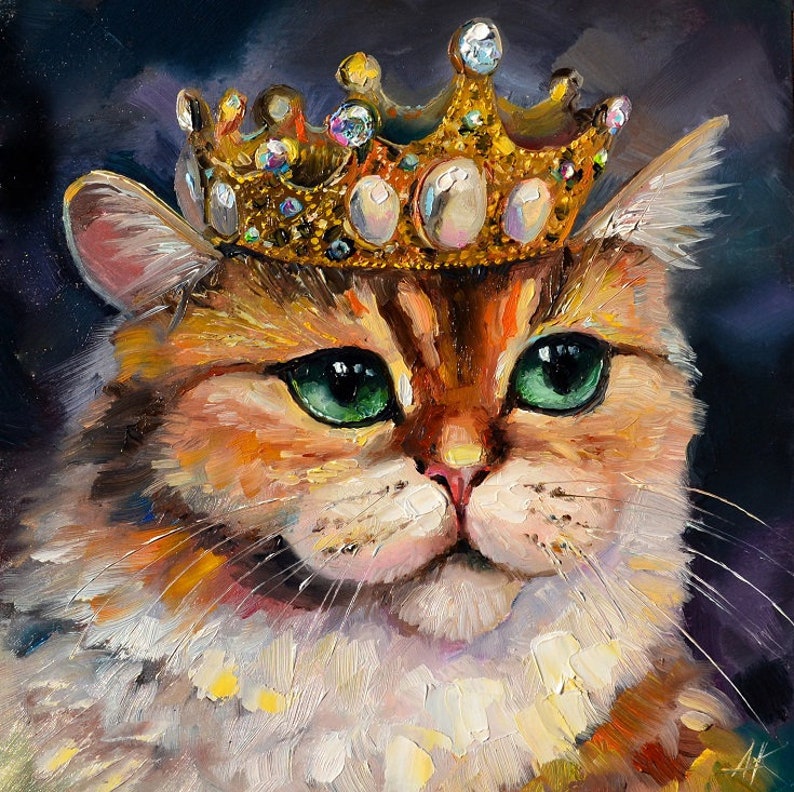 Cat With Gold Crown and Precious Stones, Cat With Jewel, Modern Cat ...