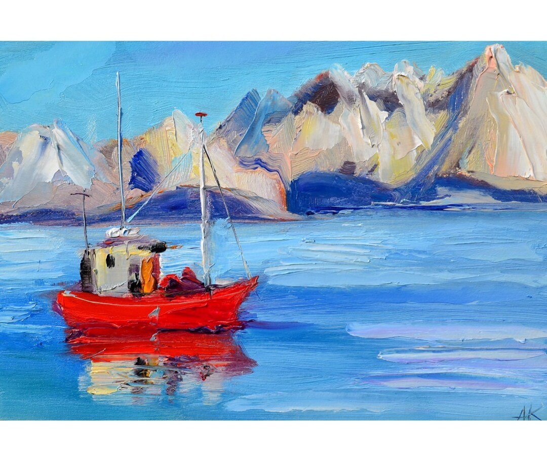 Antarctica Art Fishing Boat, Red Ship Ocean Red Boat Fishermen, Rough ...