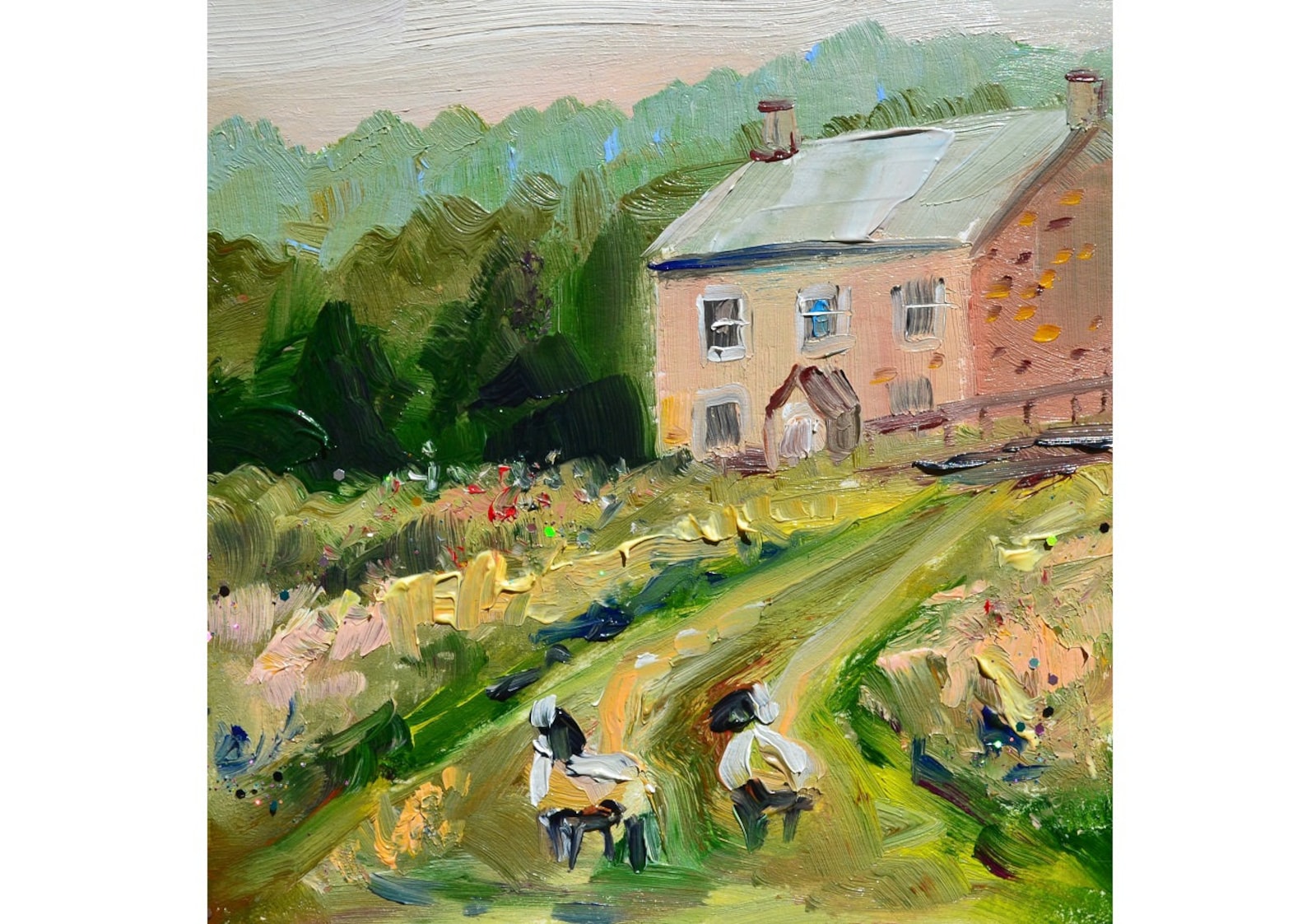 Rustic House in the Countryside With Sheep, Green Meadow Art, Sheep Art ...